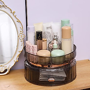 Cq acrylic 360 Rotating Makeup Organizer for Vanity,Bathroom Countertop Organizer Spinning Organizer with Drawer,Large Capacity Cosmetics Storage Box Skin Care Organizers for Bedroom Vanity Desk,Grey