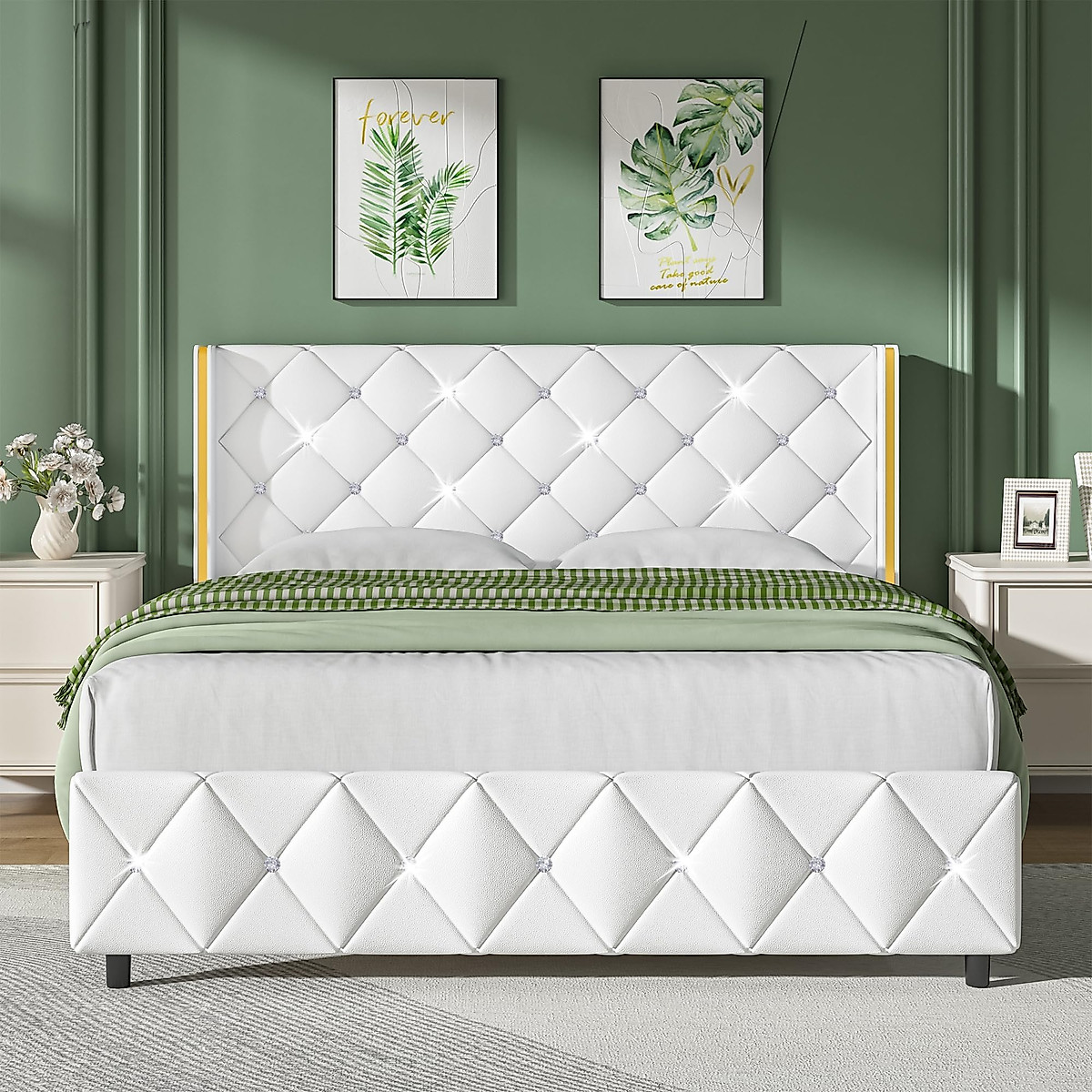 HOMBCK Queen Size Bed Frame with Diamond Headboard, White Upholstered Platform Queen Bed Frame Faux Leather with Gold Wingback, Strong Wood Slat Support, Easy Assembly, White
