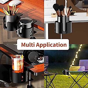 Upgraded Large Desk Cup Holder Clamp, OOKUU Anti-Spill Table Cup Holder, Metal Office & PC Gaming Desk Accessories, Compatible with Universal Cup, Bottles, Pencil Holder (Black)