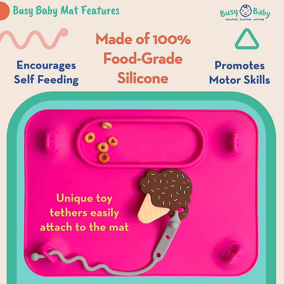BUSY BABY Silicone Placemat-As Seen On Shark Tank-Built-in Suction Cups-4 Toy Tethers for Babies Toddlers and Kids-Food Grade Silicone-8.5 x 11 in-Comes with Travel Sleeve-Dishwasher Safe-Pewter