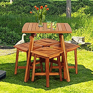 HAPPYGRILL 5 Piece Patio Dining Furniture Set Outdoor Acacia Wood Dining Conversation Set with 4 Stools, Wooden Table and Armless Chair Set for Garden Porch Backyard Balcony Poolside