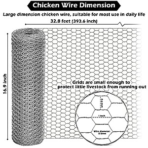 Chicken Wire Fencing Mesh 16.9 inch X 32.8 Ft, 0.6 Inch Hexagonal Galvanized Floral Chicken Wire Fence for Crafts Garden Poultry, Metal Hardware Cloth Netting for Chicken Coops Rabbit Rodent Cage