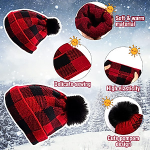 2 Pcs Parent-Child Hats with Pom Pom - Knitted Mom and Baby Matching Outfits Winter Warm Beanie Hats Soft Crochet Caps for Women Kids Christmas Red