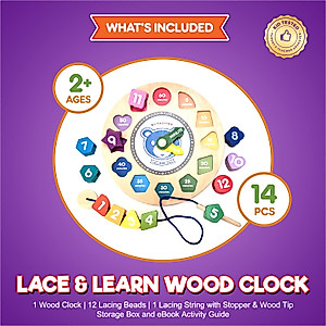 Lace & Learn Wood Clock for Kids - Shapes, Colors, Lacing & Telling Time Toddler Clock - Glow in The Dark Fine Motor Skills and Wooden Toys with Activity eBook