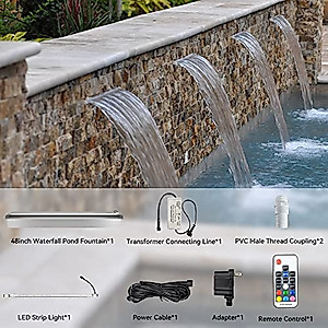 YITAHOME 48" Pool Fountain Stainless Steel Pool Waterfall with 7 Colors LED Light Changing Remote for Spillway, Swimming Pool, Outdoor Garden Decorations Transparent