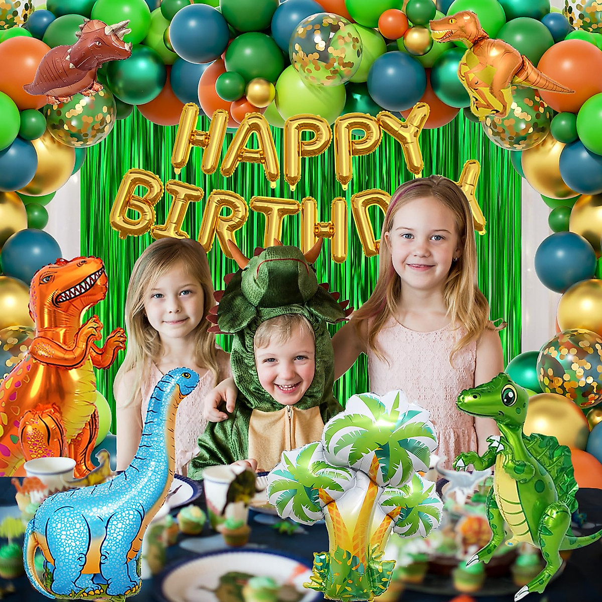 Dinosaur Birthday Party Decorations, 126Pcs Dinosaur Green Blue Orange Balloons Garland Arch Kit Happy Birthday Dino Foil Balloons Curtain for Boys Kids Jungle Safari Dino Themed Party Baby Shower
