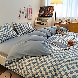 Hng Kiang Hu 4 Pieces Duvet Cover Sets Twin Size,100% Natural Cotton Pink Bedding Checkered Duvet Cover Set, Ultra Soft and Easy Care Breathable Cozy Bedding Set Collections (Blue, Full)