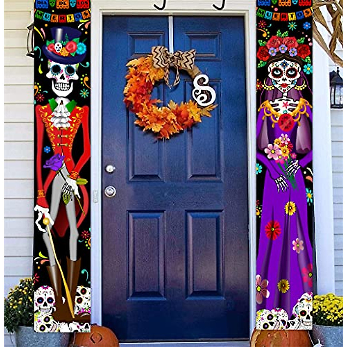 Day of The Dead Decorations Dia De Los Muertos Decor Mexican Fiesta Sugar Skull Flowers Deocrations Hanging Wall Door Banner for Indoor Outdoor