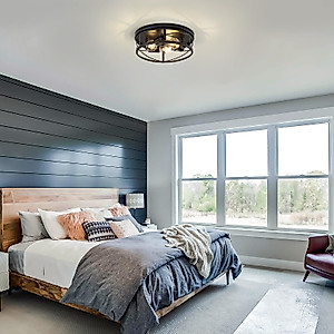 VIOLOEMI Farmhouse Light Fixtures, Black Round Metal Flush Mount Ceiling Light, 3-Light Cage Ceiling Lamp for Kitchen, Foyer, Bedroom, Hallway（Bulbs Not Included）