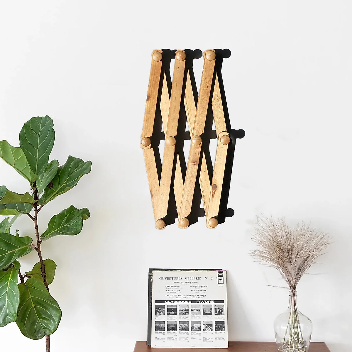 PJCOLL Vintage Wooden Organza Wall Rack with 10 Hooks, Expandable Wooden Wall-Mounted Coat Rack, Handmade Hat Rack Wall