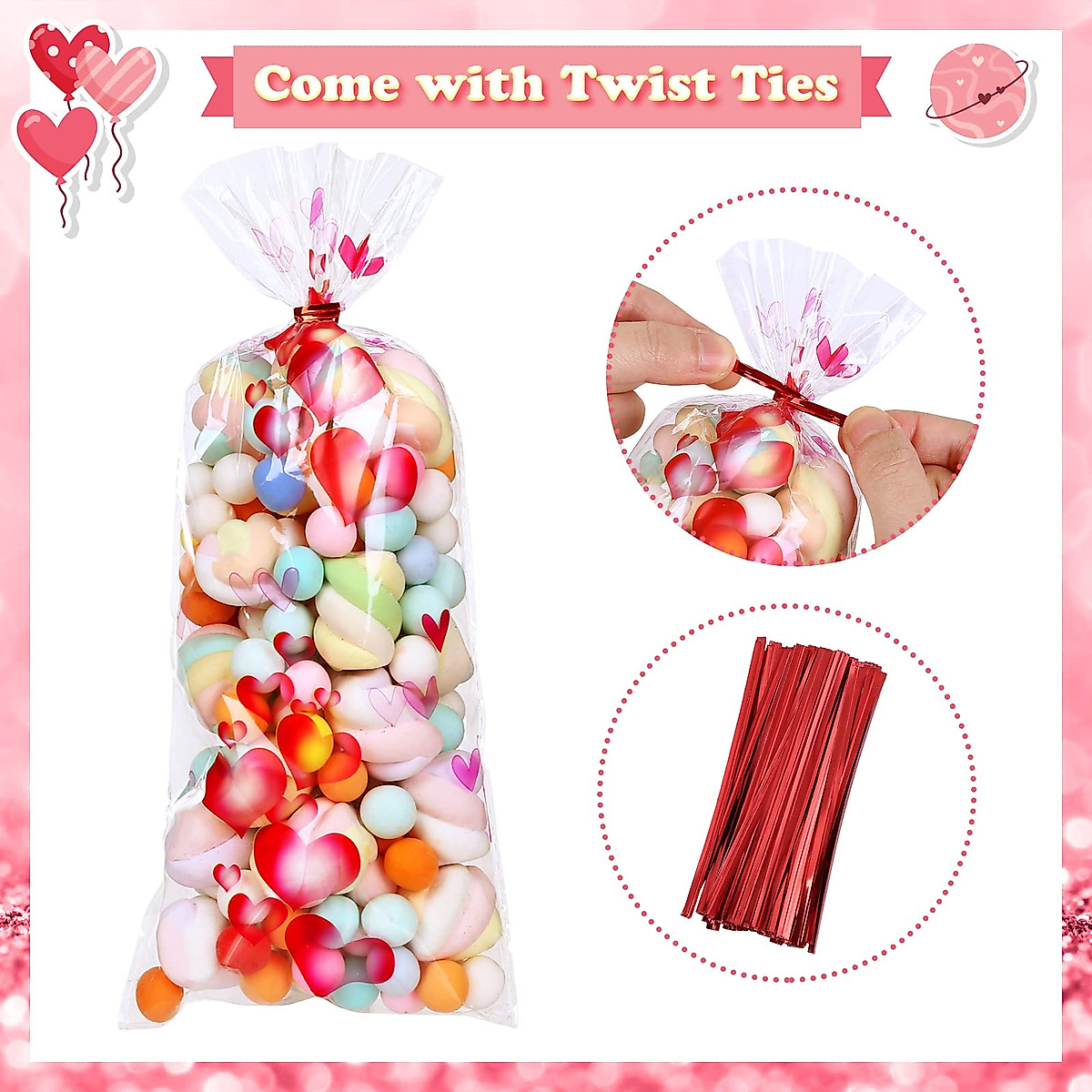 Kesoto 100 Pieces Red Valentines Day Cellophane Treat Bags for Kids, Clear Heart Goodie Candy Snack Bags Bulk with Twist Ties for Valentines Party Favor Supplies