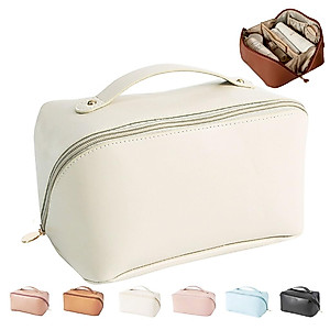 MINGRI Large Capacity Travel Cosmetic Bag for Women,Portable PU Leather Makeup Bag Water Resistant,Flat Open Multifunctional Storage Travel Toiletry Bag with Divider and Handle(White)