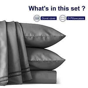 SUBRTEX Duvet Cover Set Full/Queen Cotton Tencel Lyocell Comforter Cover Set 3 Pieces Silky Soft Cooling Bedding Set -1 Duvet Cover with Snap Buttons and 2 Pillow Covers Grey