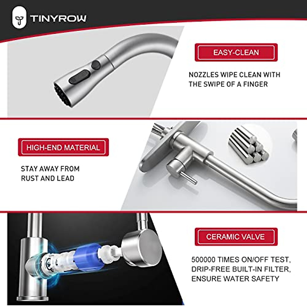 TINYROW Kitchen Faucet with Pull Down Sprayer Kitchen Sink Faucet Brushed Nickel, Single Handle Stainless Steel Kitchen Sink Faucets