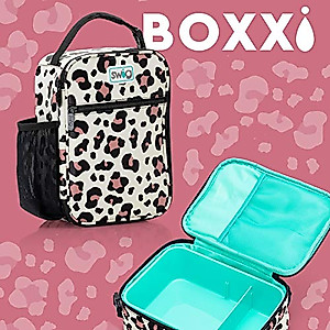 Swig Life Boxxi Lunch Box, Insulated Lunch Box for Women with Water Bottle Holder Side Pocket, Adjustable Meal Divider, Front Zipper Pocket, and Top Buckle Handle in Luxy Leopard Print