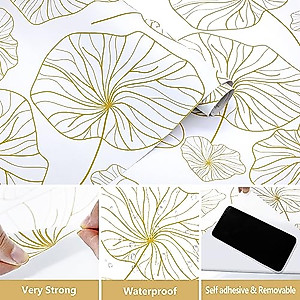 Nukofal Lotus Leaf Wallpaper Peel and Stick Wallpaper Lotus Floral Wallpaper 17.7In x 118.1In Leaf Contact Paper Gold and White Wallpaper Modern Removable Wallpaper Self Adhesive Wall Paper Vinyl