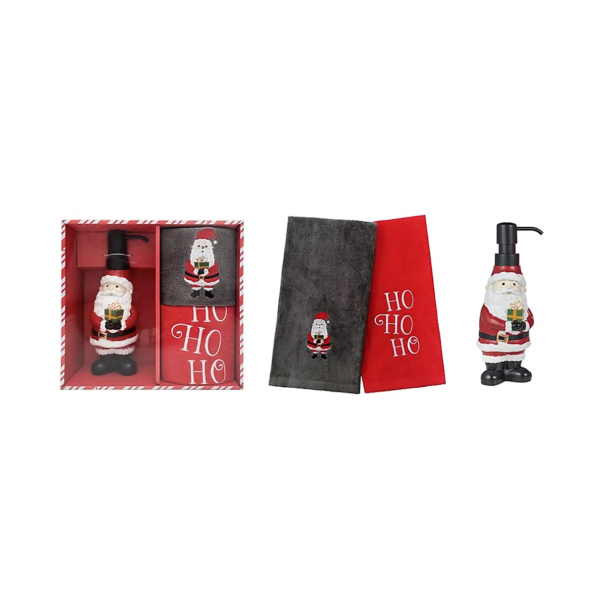 3-Piece Bathroom Accessory Set | Christmas Decor | Resin Soap Pump | 2 Embroidered Hand Towels | 3 Designs | Box Set | Great Gift | for Bathroom, Kitchen, Any Countertop | (Gifting Santa)