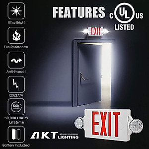 AKT LIGHTING Emergency Exit Light, Adjustable Two LED Head Exit Sign Light, Commercial Emergency Exit Lighting Combo with Back-up Battery for Business UL Certificated(Red, 6 Pack)