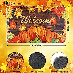 Pumpkin Welcome Mat for Indoor/Outdoor Bedroom Kitchen, Autumn Maple Leaves Welcome Doormats Thanksgiving Entrance, Low-Profile Floor Mat for Fall, 17 x 29 Inch