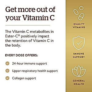 Solgar EsterC Plus 1000 mg Vitamin C with Bioflavonoids Capsules Gentle Non Acidic 24Hour Immune Support Supports Upper Respiratory Health NonGMO Gluten Free Servings, Citrus, 100 Count