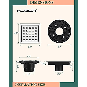 KUZOR Square Shower Drain 4 inch, Brushed Nickel 2 Pack Floor Drains for Shower with Flange and Hair Strainer, Brushed 304 Stainless Steel Quadrato Pattern Grate Removable, Fast 6.5 GPM Drainage