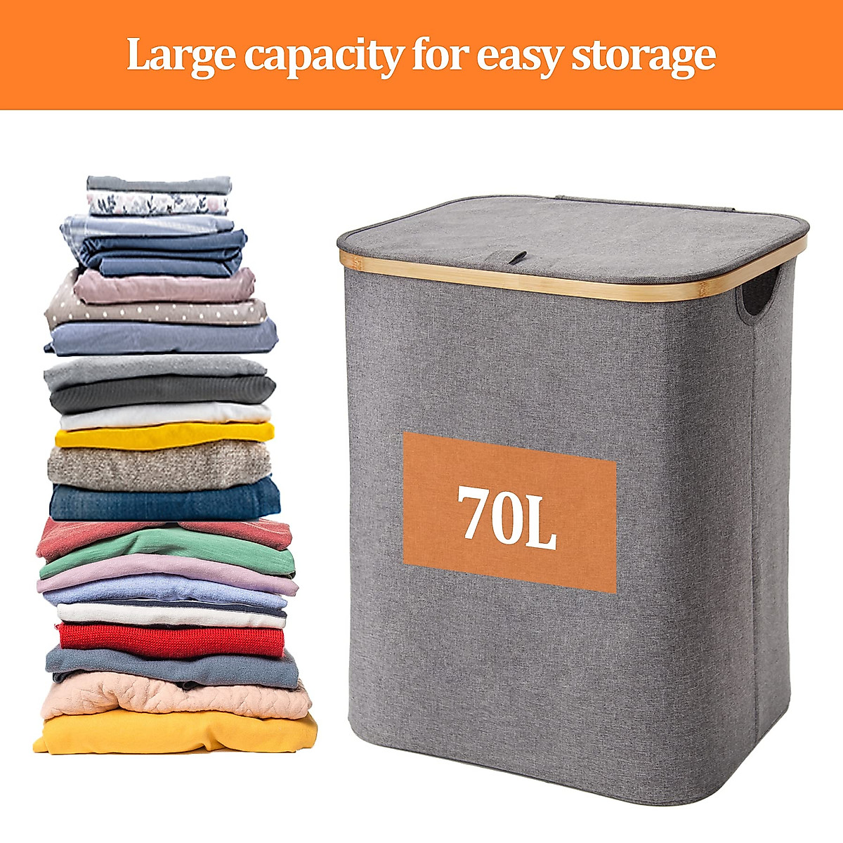 AMBIRD 2-Pack Laundry Basket with Lid, Bamboo Frame, Large Capacity, Upgraded Fabric, Portable and Foldable, Ideal for Bedroom, Bathroom, Nursery, and Household