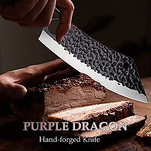 Purple Dragon Japanese Butcher Knife 8 Inch Ultra Sharp Carving Knife for Meat Vegetable Cutting with Finger Hole Hand Forged Slicing Knife Cooking High Carbon Steel Knife Cleaver