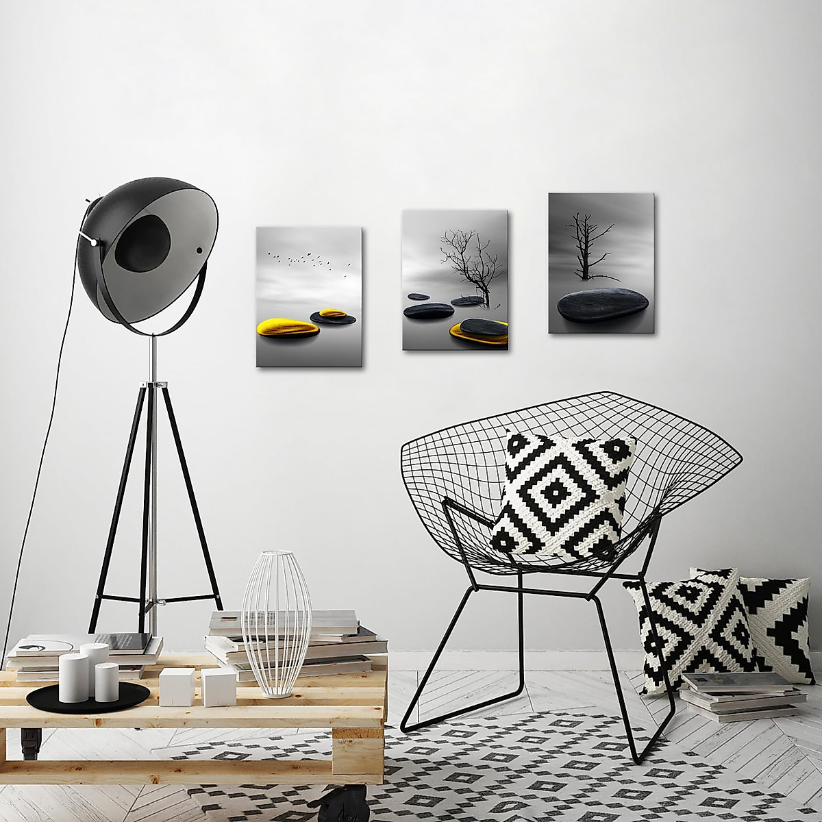 MLOML 3Pcs Modern Bathroom Yellow Gray Wall Art Picture Balance Stone Pebble Canvas Print Black and White Tree Zen Artwork Wall Decor for Office Bedroom 12x16 inchx3