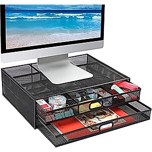 Monitor Stand with Drawer, Monitor Stand, Monitor Riser Mesh Metal, Desk Organizer, Monitor Stand with Storage, Desktop Computer Stand for PC, Laptop, Printer - HUANUO
