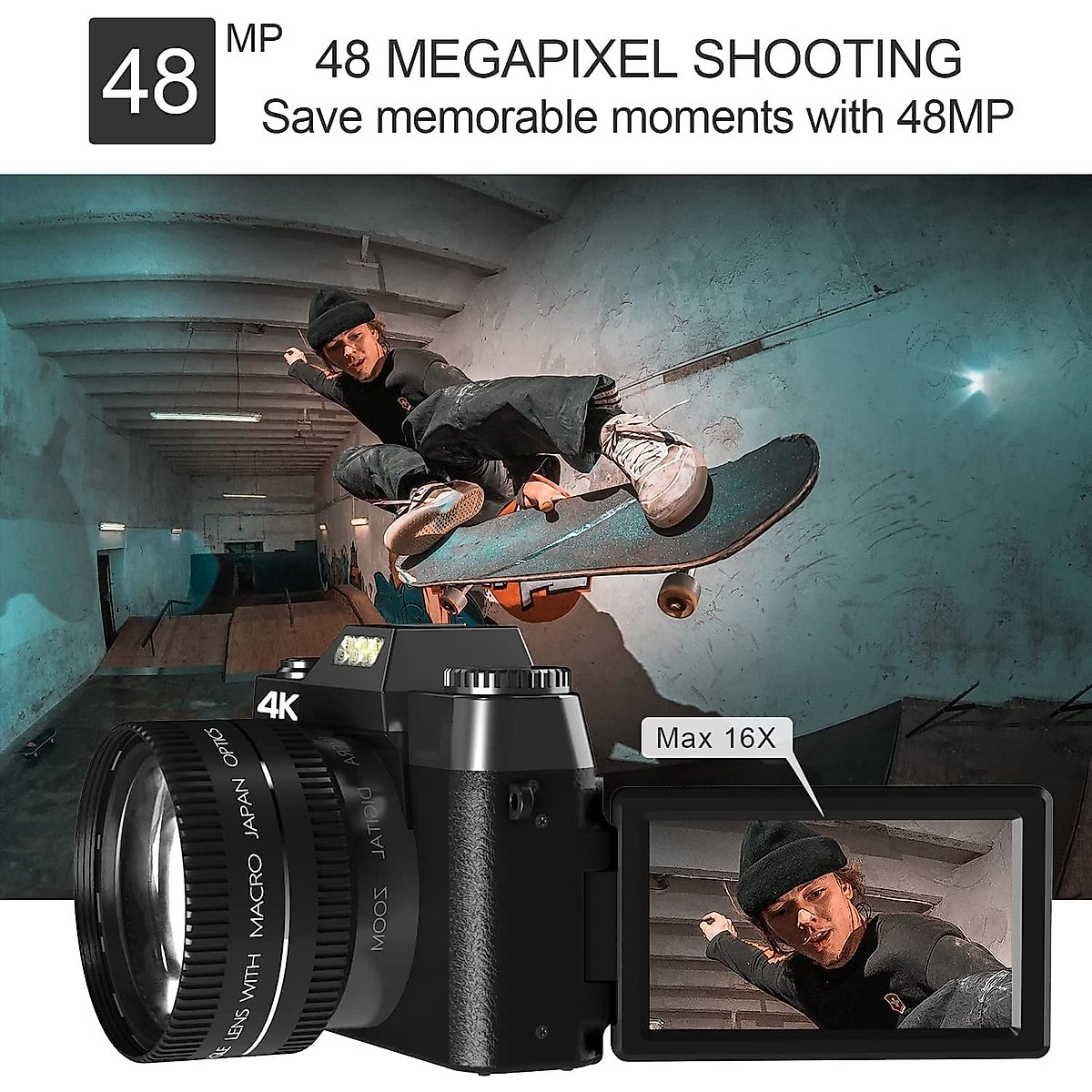 eDealz 4K 48MP Digital Camera for Photography, Vlogging Camera for YouTube with 3.0’’ 180° Flip Screen, WiFi, 16X Digital Zoom, Wide Angle & Macro Lens Rechargeable Battery, 64GB Micro SD Card (Black)