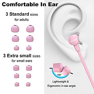 Joymiso Tangle Free Earbuds for Kids Women Small Ears with Case, Comfortable Lightweight in Ear Headphones, Flat Cable Ear Buds Wired Earphones with Mic and Volume Control for Cell Phone Laptop (Pink)