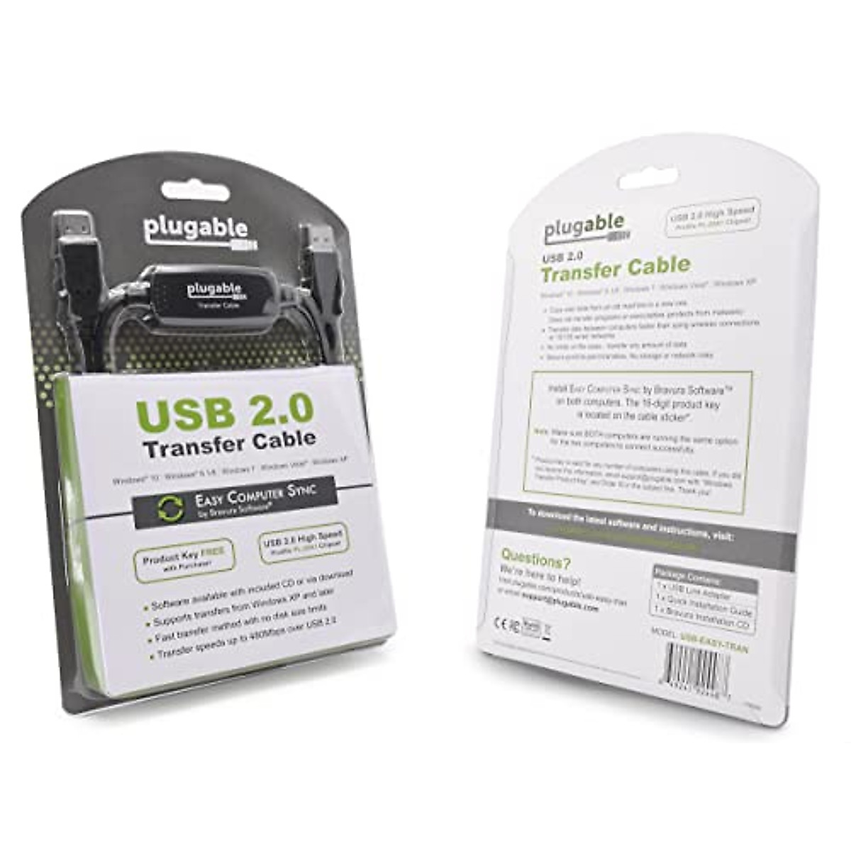 Plugable USB 2.0 Transfer Cable, Unlimited Use, Transfer Data Between 2 Windows PC's, Compatible with Windows 11, 10, 7, XP, Bravura Easy Computer Sync Software Included