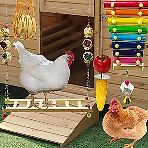 PINVNBY Chicken Toys Set Hens Xylophone Toy with 8 Metal Keys Chook Suspensible Wooden Swing Ladder Chick Veggies Skewer Fruit Holder Hanging Feeder for Chicken Coop Accessories Supplies (Suit 2)