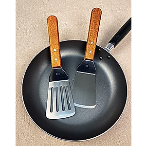 KLAQQED 2Pcs Metal Spatulas Set, Metal Spatula for Cast Iron Skillet, Cooking Utensils Fish Egg Grill Spatula Stainless Steel Slotted Spatula, Wok Flat Top Small Metal Spatula Turner with Wood Handle
