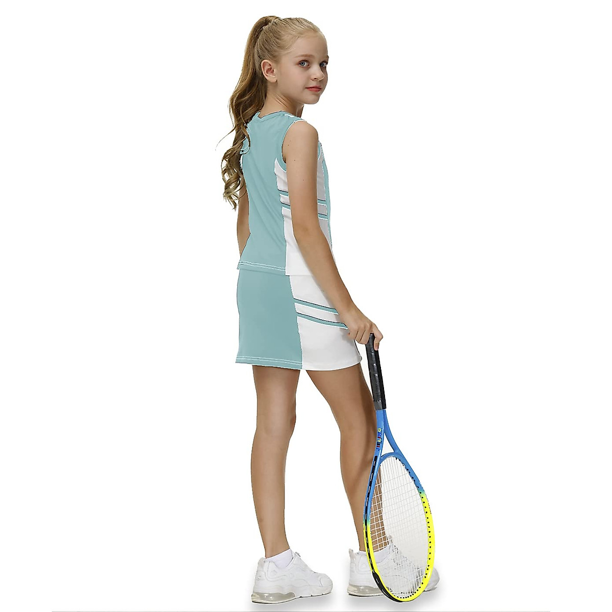 Girls Tennis Athletic Outfit Set Sports Color Block Casual Tank Top Golf Skirt Built in Shorts Light Green 6-7 Years