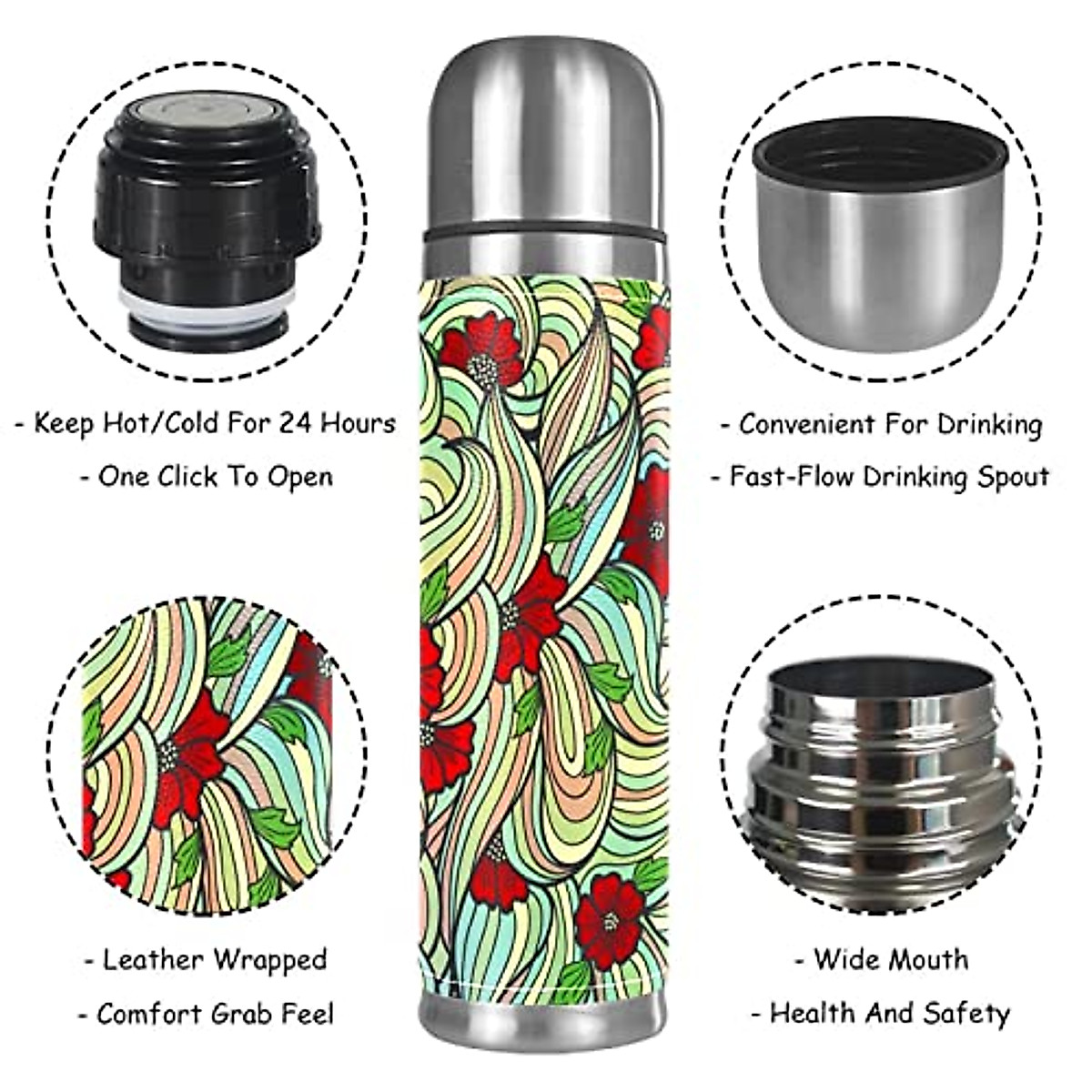 Red Flower Floral Art Stainless Steel Coffee Thermos, Double Walled Insulated Water Bottle for Outdoor Sports, Office, Car (17 OZ/500ML)