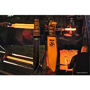 NoonKnives usmc Combat Fighter Knife with Leather Sheath - Stainless Steel Blade, Clip Point, Heat Treated Finish, Stacked Leather Handle, Your Camping and Survival Fixed Blade - Length 13