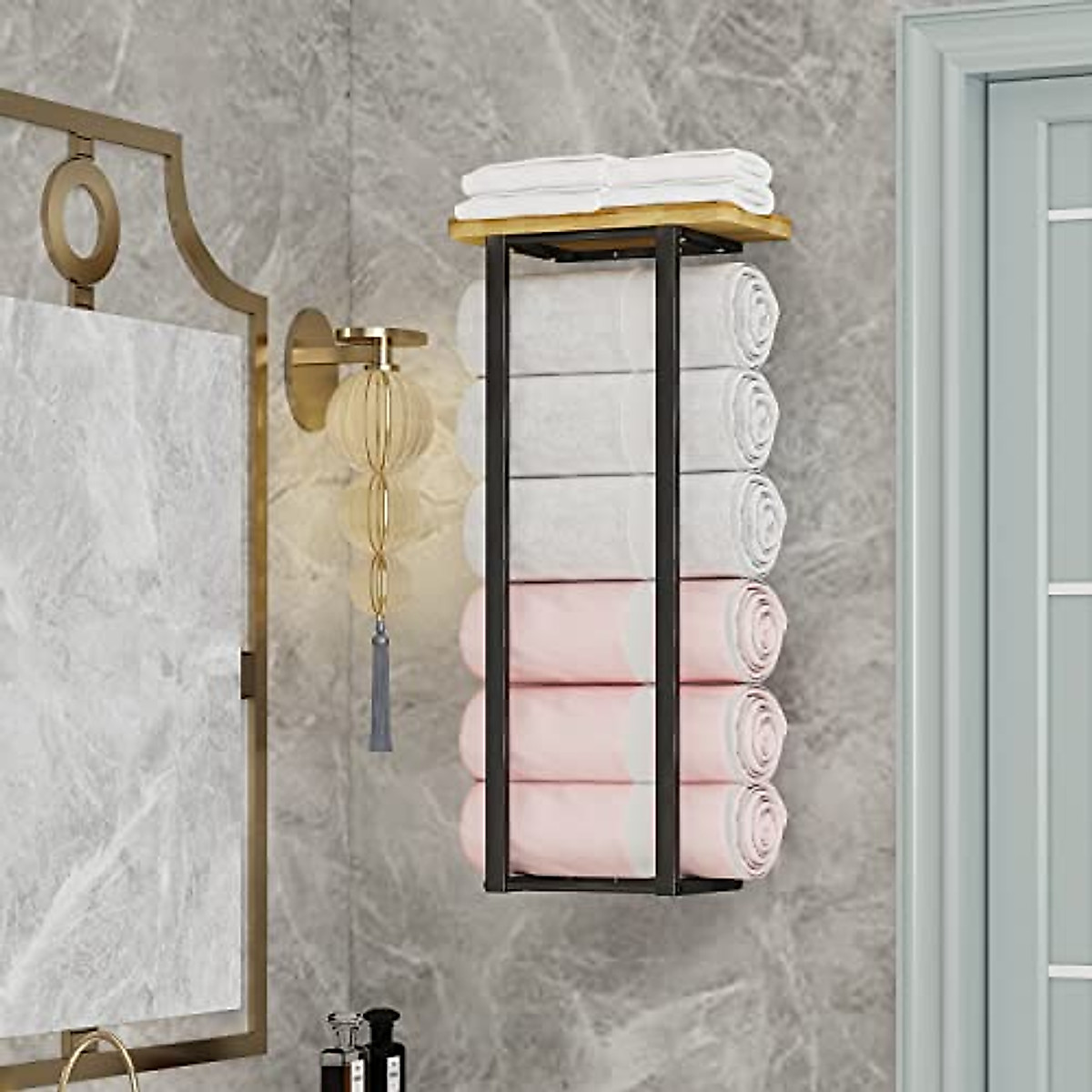 Towel Racks for Bathroom, Towel Rack Holder Wall Mounted Towel Storage, Homeiju Metal Towel Holder with Bamboo Shelf, Wall Towel Storage Rack Shelf for Rolled Towels, Black