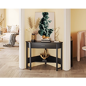 ODK Corner Desk, Triangle Computer Desk Corner Vanity with Large Drawer & Storage Shelves, Corner Writing Desk for Workstation