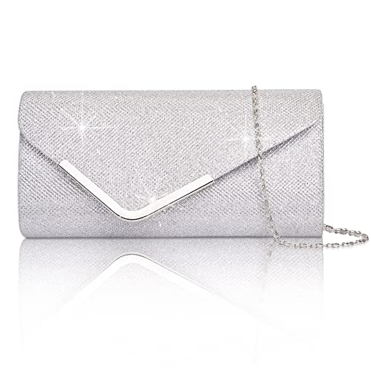 Larcenciel Silver Clutch Purses for Women, Shiny Sequin Envelope Clutch Evening Bag w/Chain, Fashion Shoulder Crossbody Handbags, Sparkly Party Prom Purse Bride Wedding Guest Clutch Dress Carry on Bag