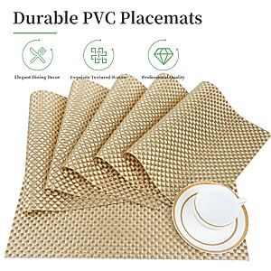 EDanle Vinyl Plastic Placemats Set of 6 Washable Heat Resistant Non-Slip Elegant Indoor&Outdoor Kitchen Dining PVC Woven Table Place Mats (Gold Weaving)