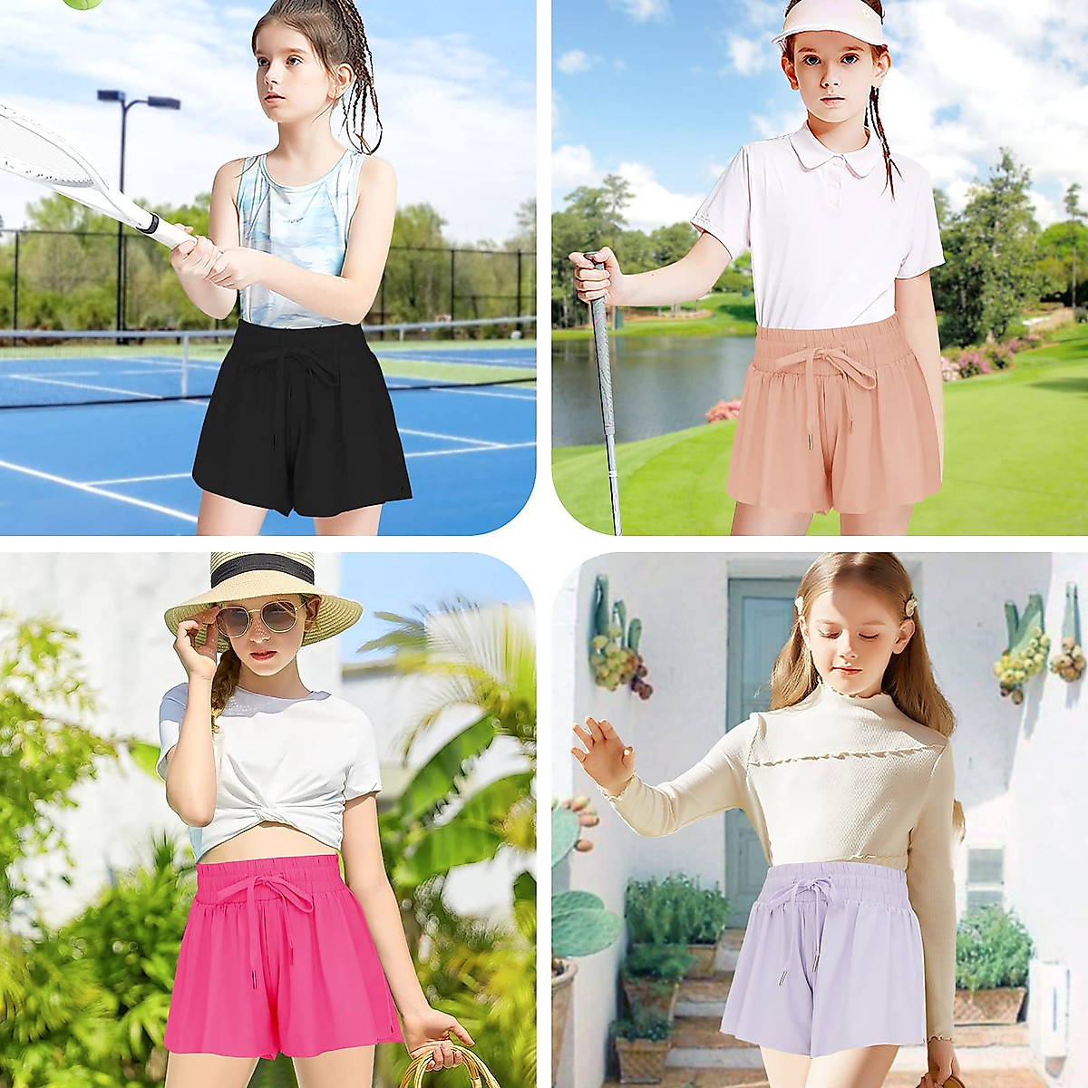 QooNoo Girls Butterfly Shorts with Pocket Flowy Athletic Shorts High Waist Preppy Running Shorts for Kids Teen (Hot Pink,Large)