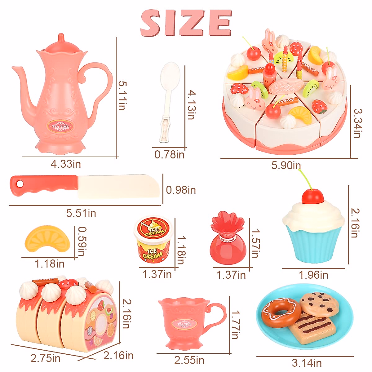 KaeKid Birthday Cake Toy Pretend Play Tea Set with Lights & Music, DIY Cutting Play Food with Bread Roll, Chocolate, Sandy & Dessert, Gift for Girls Boys 3 4 5 Years Old (82 PCS)