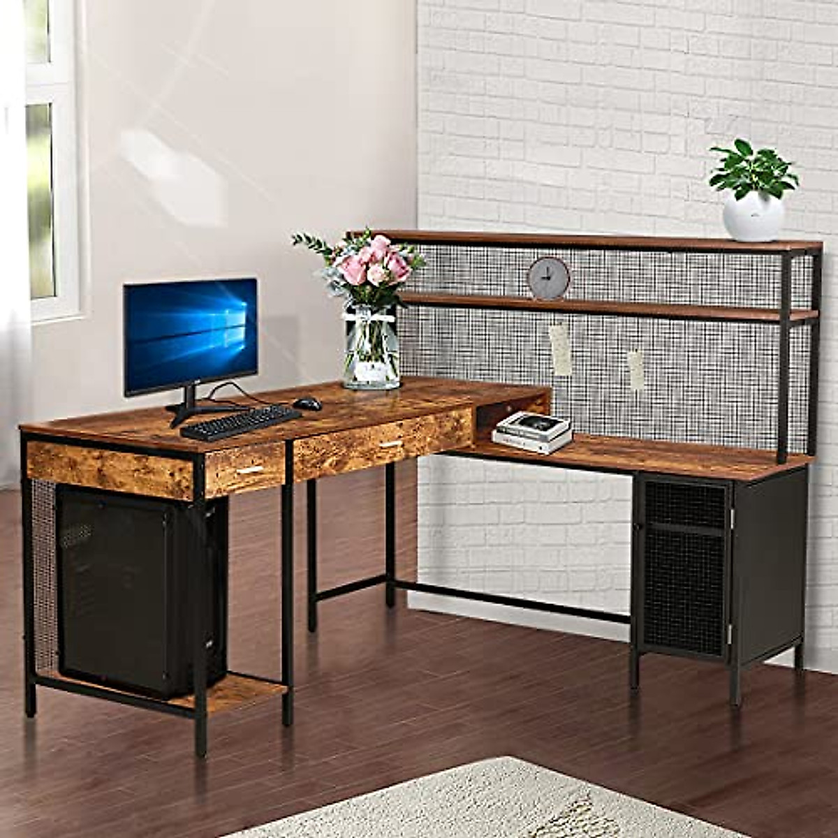 HEAO L-Shaped Desk with 2 Drawers and Cabinet, Industrial Style Home Office Desk W/Storage Shelves,Corner Desk Double Computer Table Space-Saving (Light Brown)