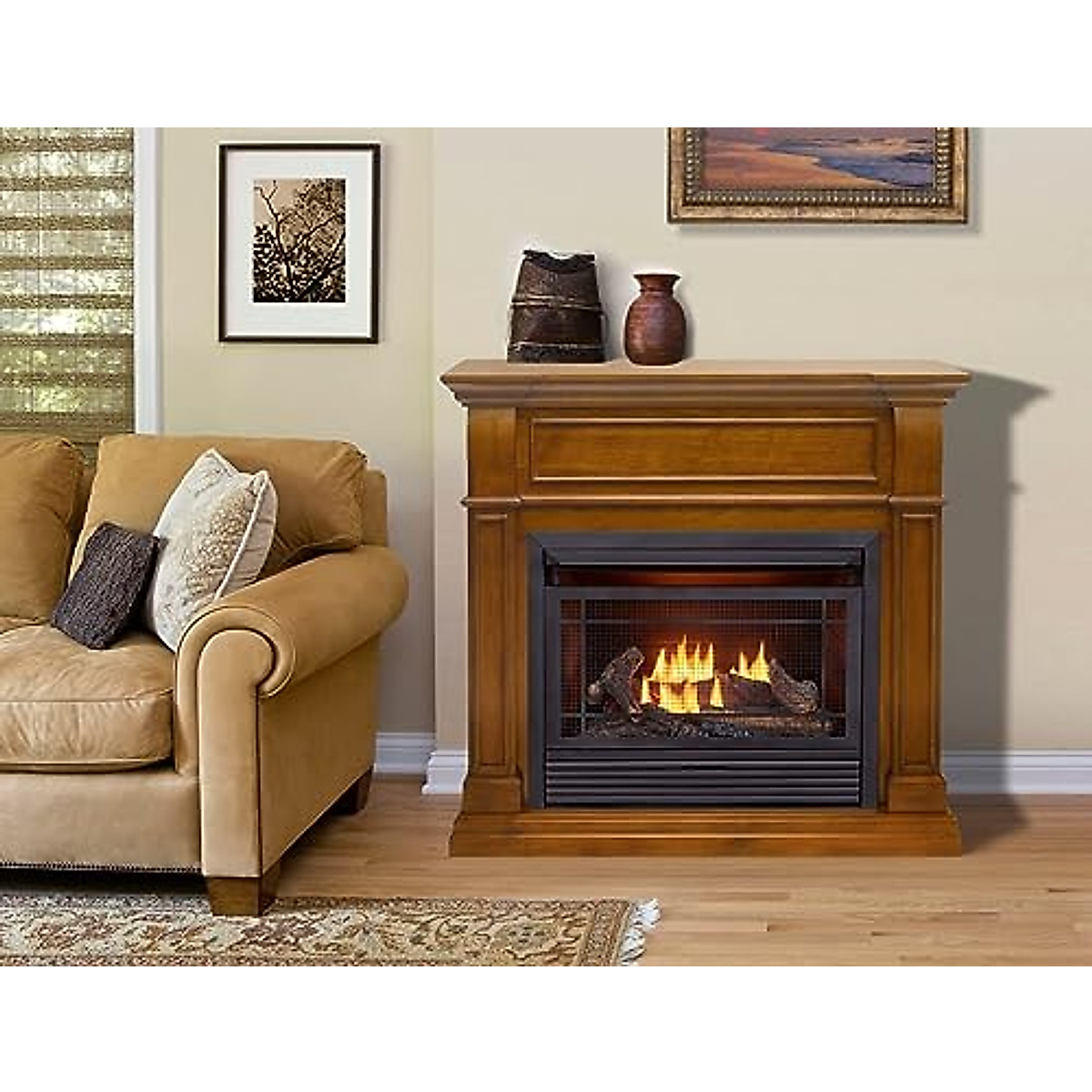 Duluth Forge Dual Fuel Ventless Gas Fireplace System with Mantle, Remote Control, 5 Fire Logs, Use with Natural Gas or Liquid Propane, 26000 BTU, Heats up to 1350 Sq. Ft., Apple Spice