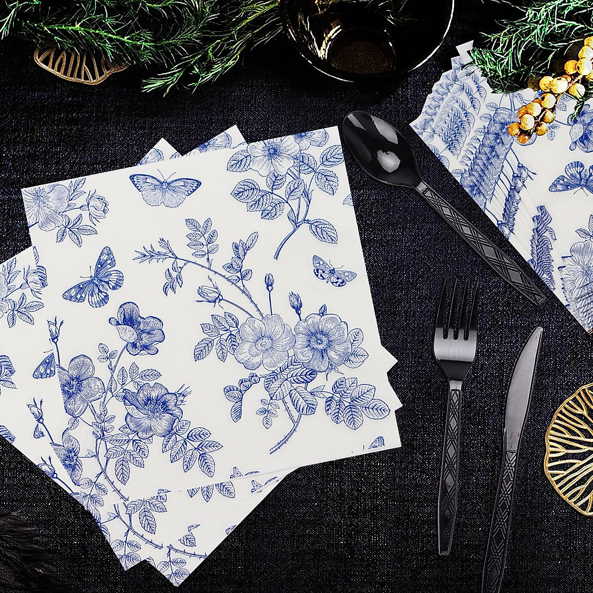40 Pack Blue White Floral Cocktail Napkins Blue White Floral Luncheon Napkins Fancy Dessert Paper Napkins for Floral Theme Bridal Baby Shower Tea Party Blue White Floral Birthday Party Supplies Decor
