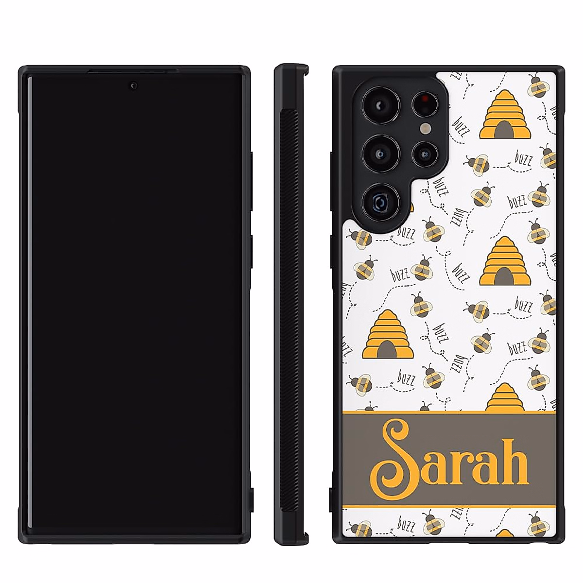 Honey Bumble Bee Personalized Black Rubber Phone Case Compatible With Samsung Galaxy S25 S25+ S25 Ultra S24 S24+ S24 Ultra S24FE, S23 FE S23+ Ultra S22 S22+