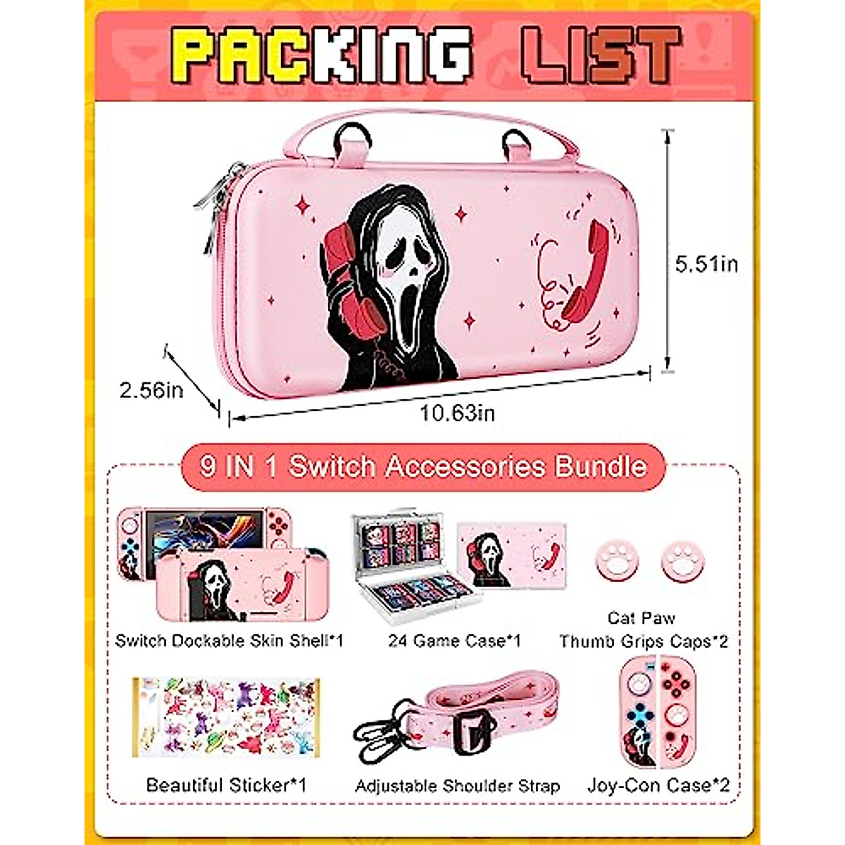 Xinocy for Nintendo Switch 9 in 1 Storage Accessories Kit with Travel Carrying Case+Switch Protective Cover+Game Case Holder+Strap+Sticker+2 Joycon Shells+2 Thumb Caps Cute Funny for Girls Kids p