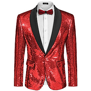 COOFANDY Shiny Sequins Suit Jacket Blazer One Button Tuxedo Christmas Nightclub Red