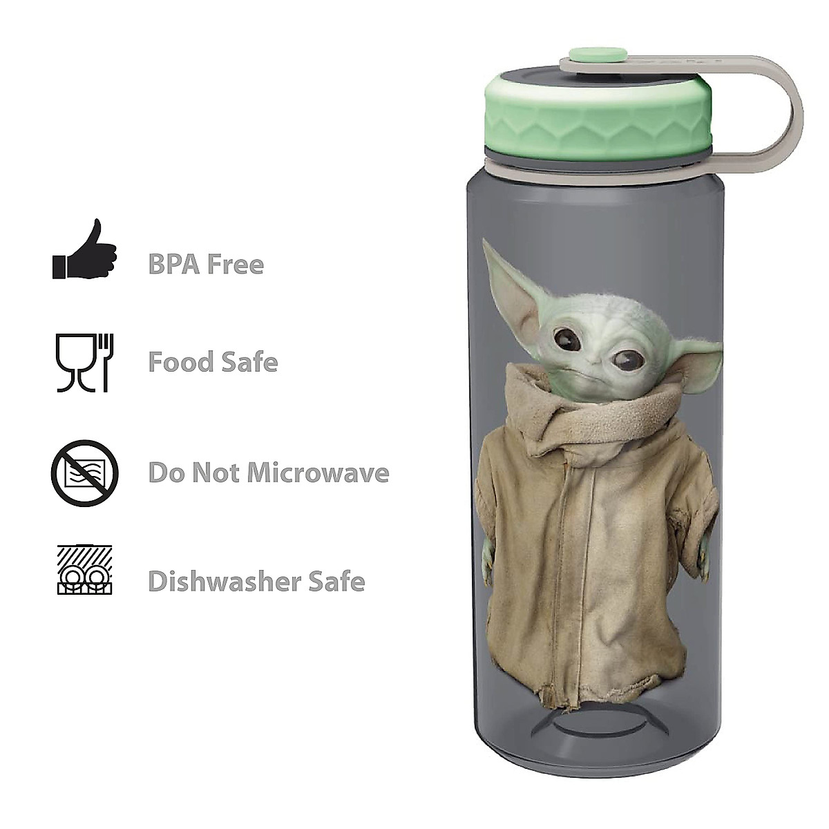 Zak Designs Star Wars The Mandalorian Durable Plastic Water Bottle - Rugged Sports Bottle with Carry Strap and Wide Chug Opening Includes Reusable Straw (36 oz, Grogu/Baby Yoda/The Child)